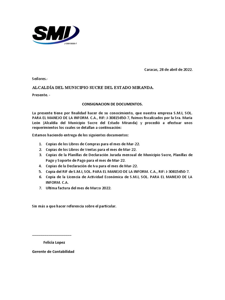 Carta de Consignacion de Documentos | PDF