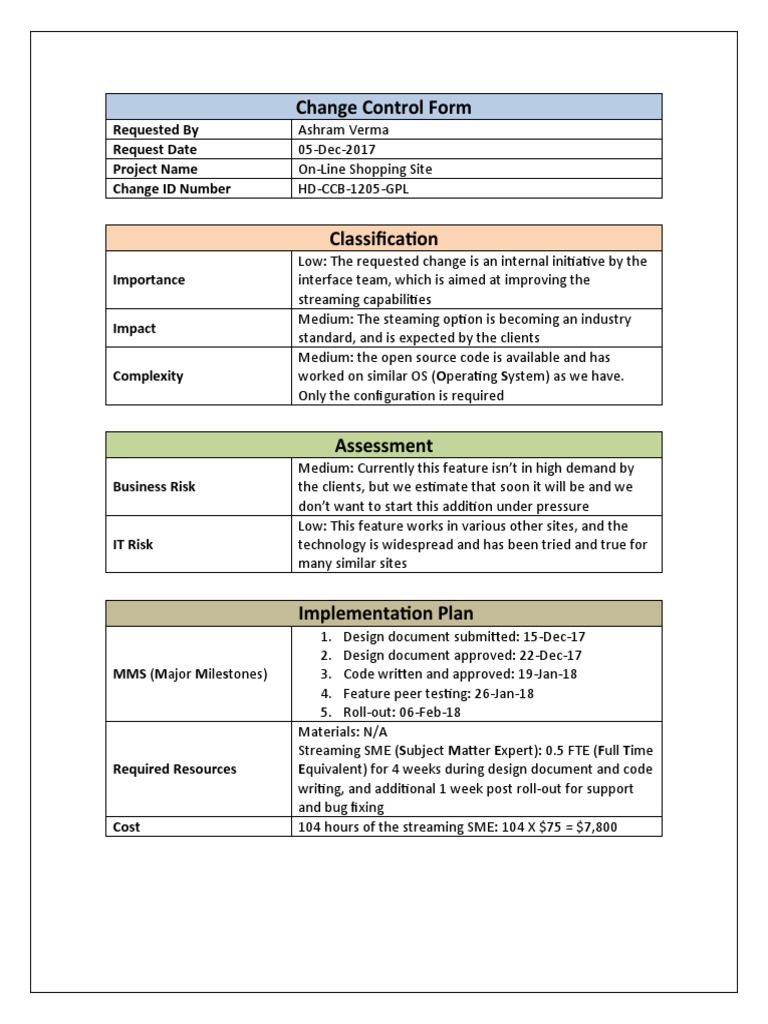 ITIL Change Control Form Template | PDF | Streaming Media | Computing ITIL Change Control Form Template | PDF | Streaming Media | Computing