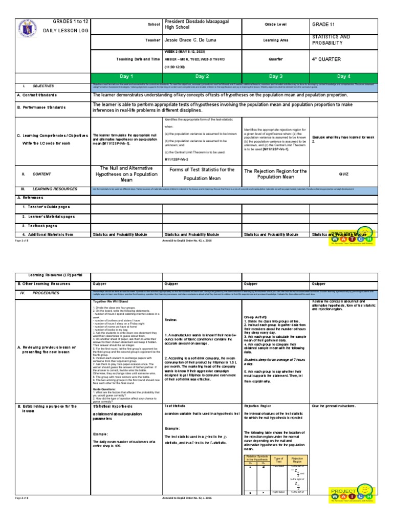 Grade 11 Statistics Lesson Plan | PDF | Statistical Hypothesis Testing ...