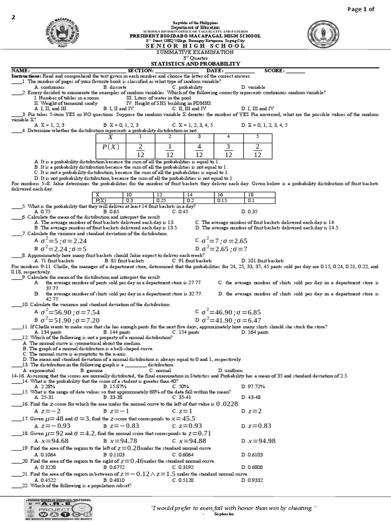 Senior High School Statistics Exam | PDF