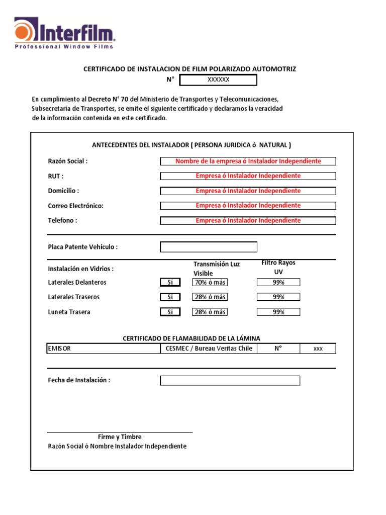 Formato Certificado Instalacion Polarizado | PDF