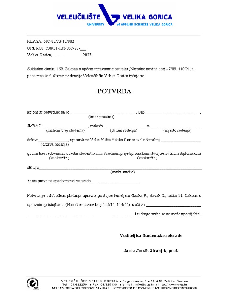 Potvrda Apsolventi | PDF