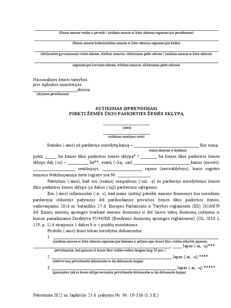 Sutikimas (Sprendimas) Pirkti Žemės Ūkio Paskirties Žemės Sklypą | PDF