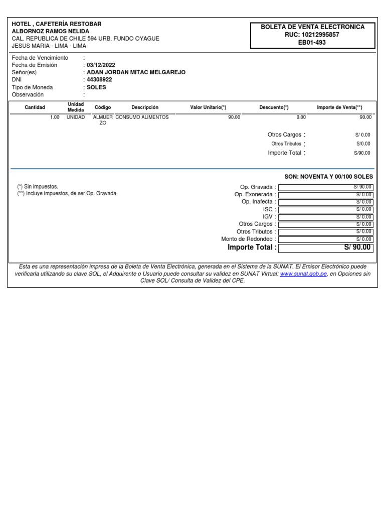 Boleta Electrónica Hotel Albornoz | PDF