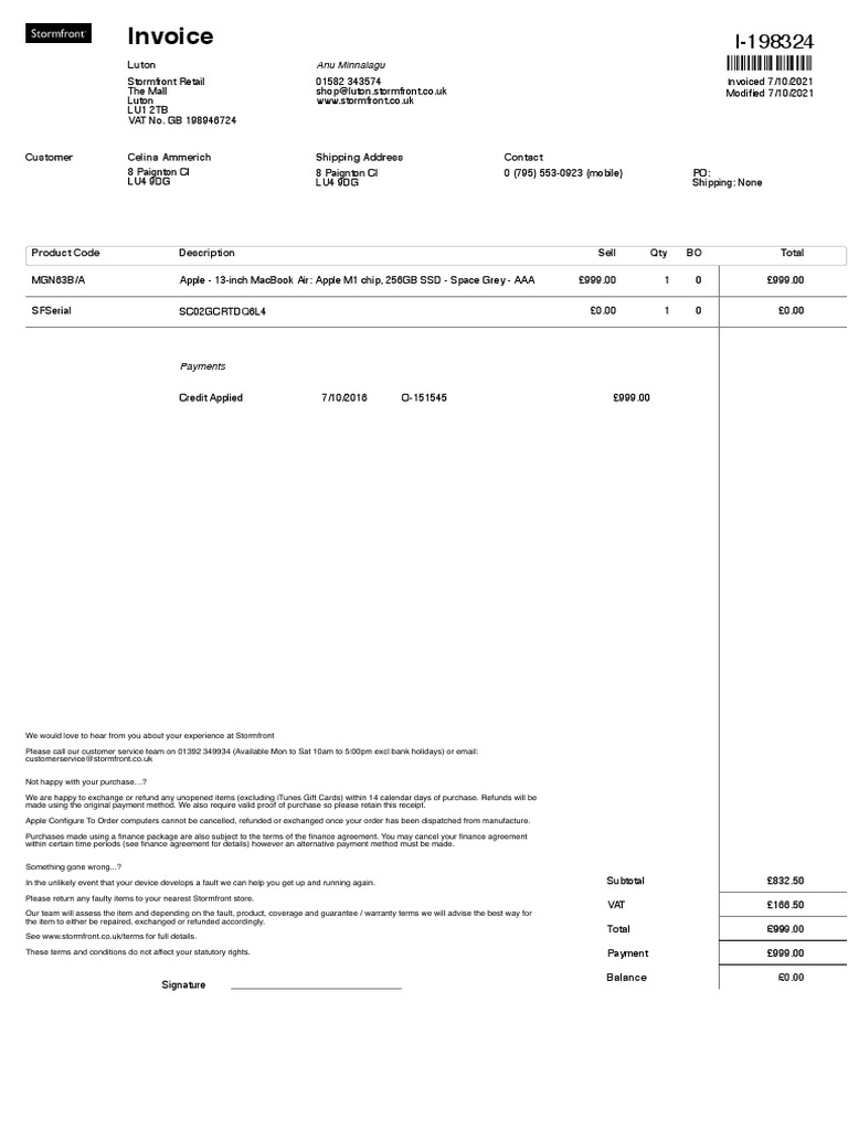 Stormfront Invoice for Apple iPad Pro and MacBook Air Purchase | PDF ...