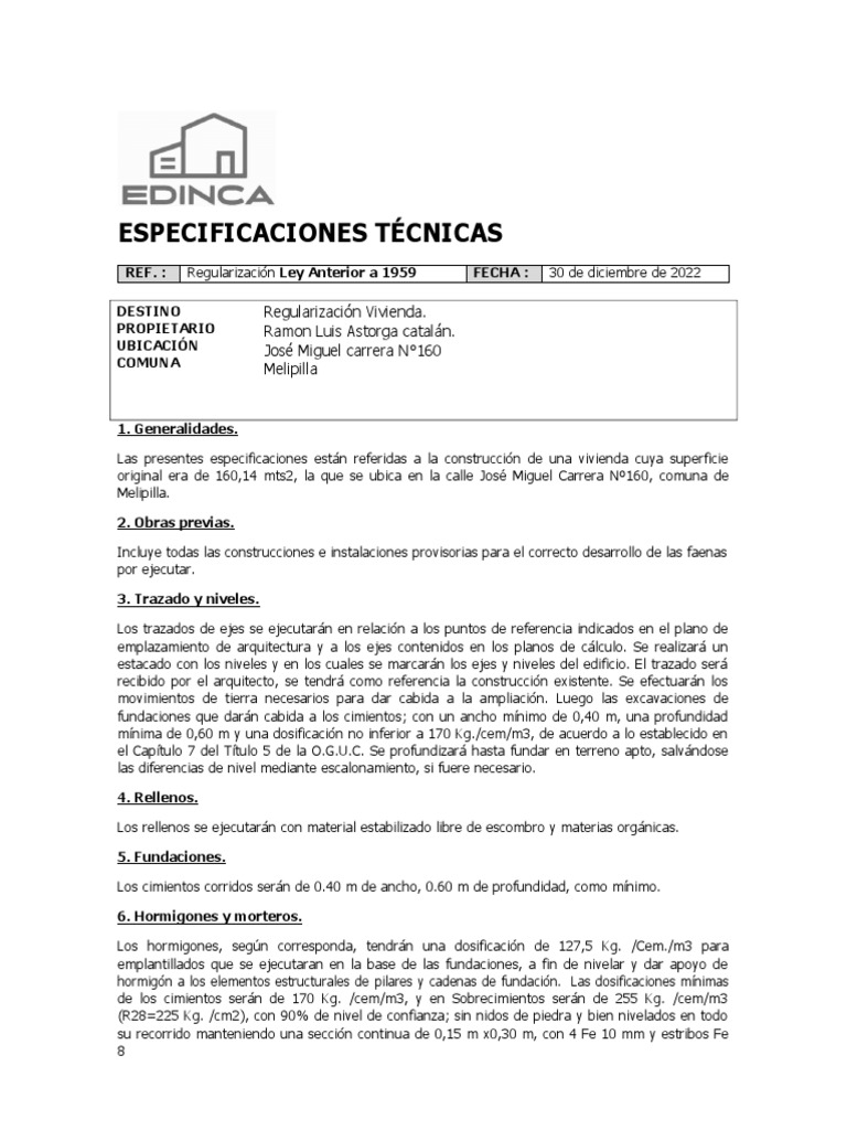 Especificaciones técnicas detalladas para la regularización y ampliación de una vivienda ...