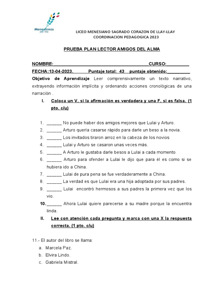 Prueba Plan Lector Amigos Del Alma | PDF
