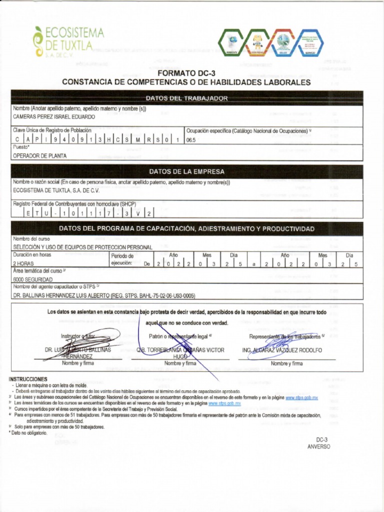 DC3 SELECCION Y USO DE PROTECCION PERSONAL | PDF