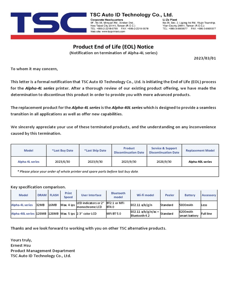EOL Notice - Alpha-4L Series - 20230301 | PDF | Office Equipment | Electronics