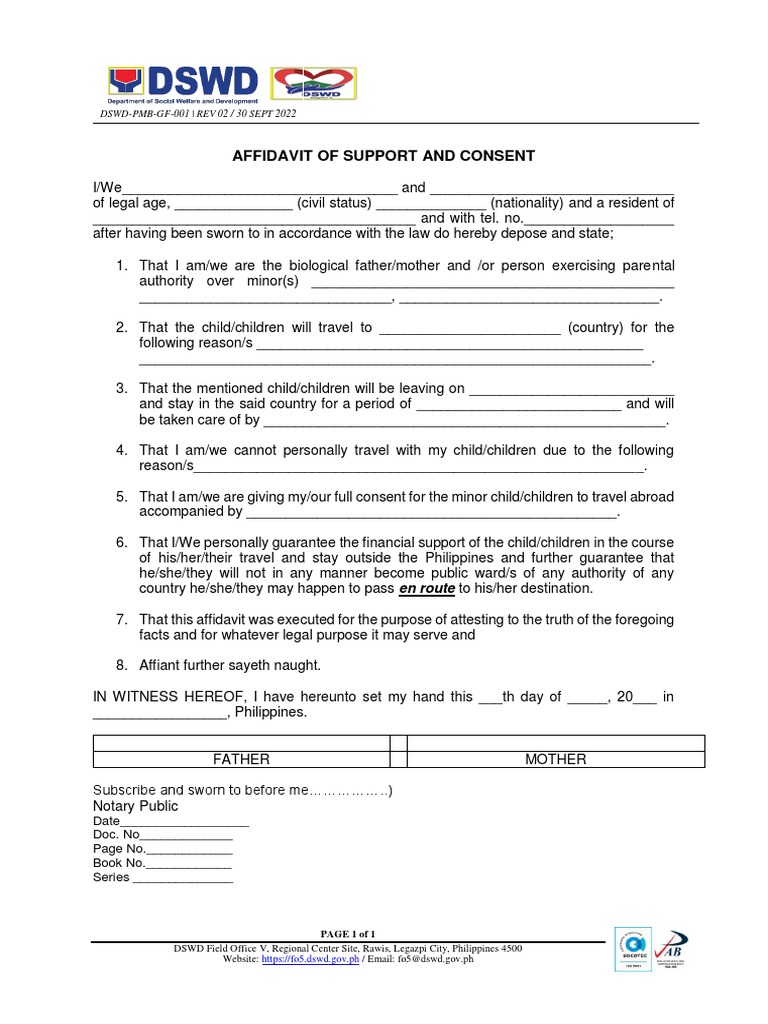 DSWD Affidavit of Support and Consent | PDF | Affidavit | Common Law