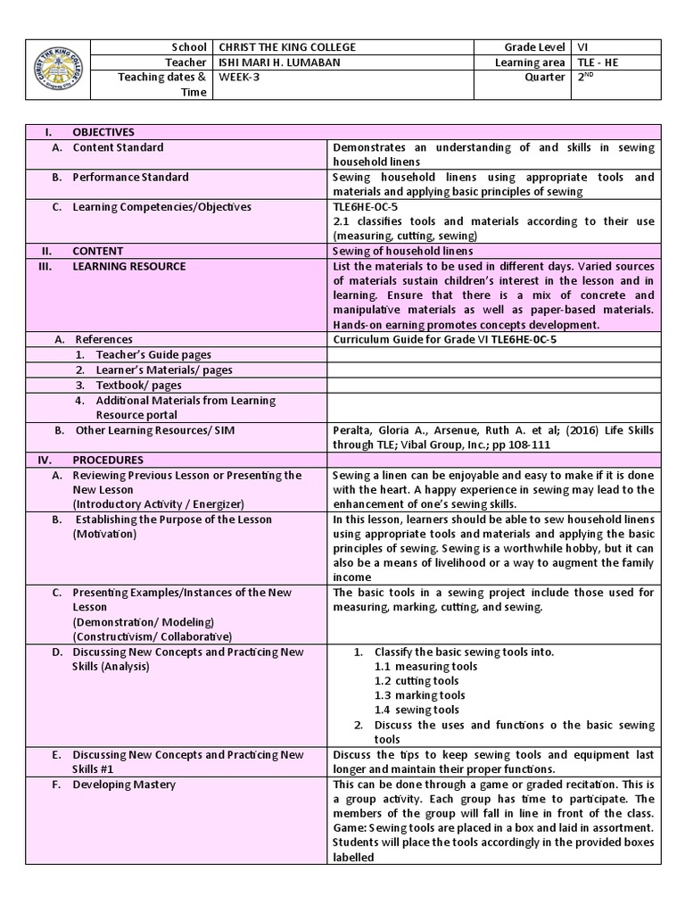Lesson Plan EPP (Sewing of Household Linens) | PDF | Learning ...