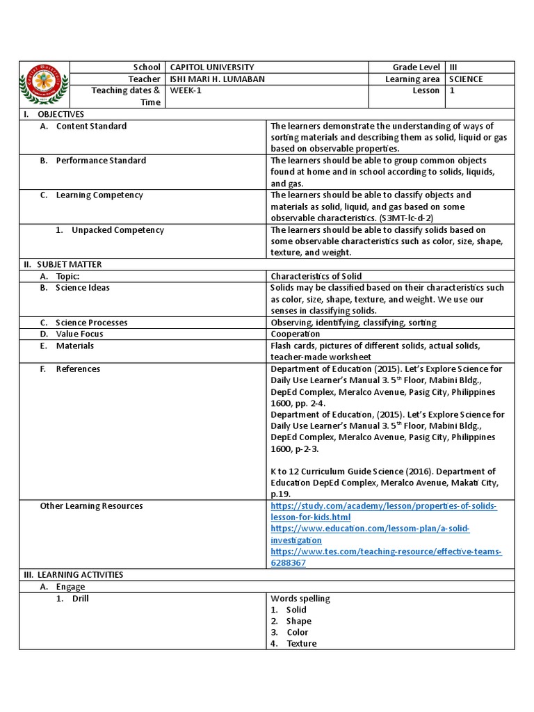 Lesson Plan Science 3 (Characterisics of Solids) | PDF