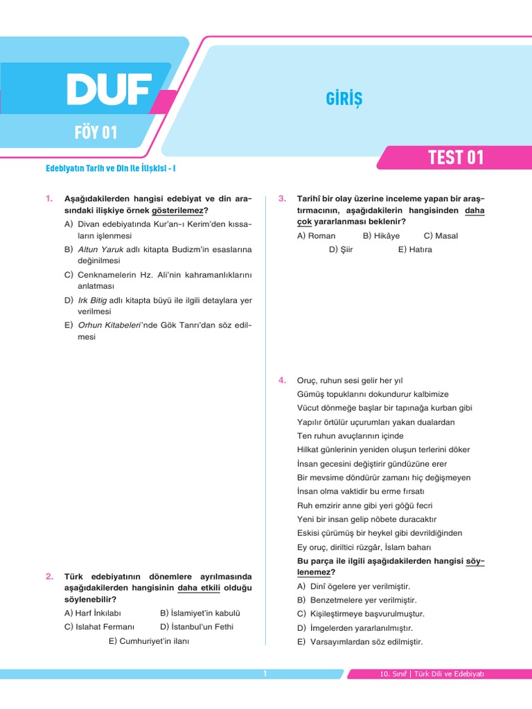 10.sınıf Edebi̇yat - Duf - Föy 1 - Ornek | PDF
