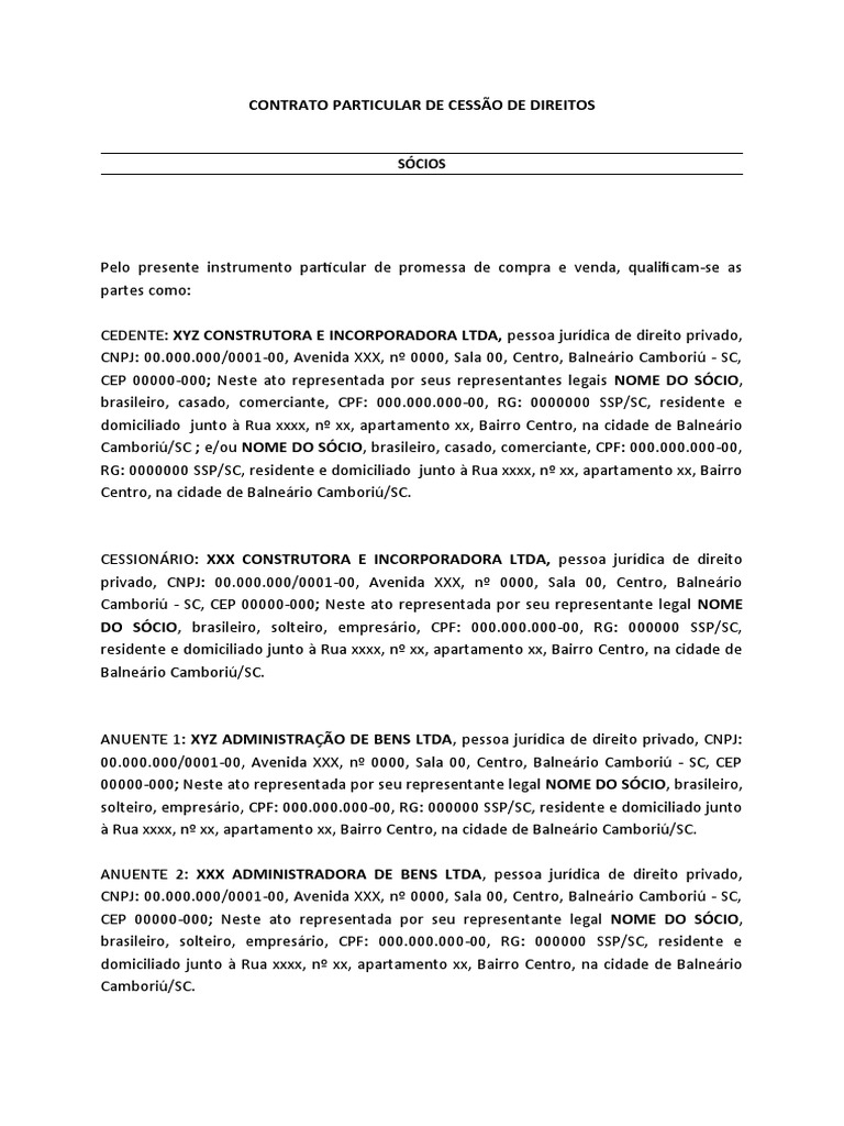 Contrato De Cessão De Direitos De Propriedade De Um Imóvel Residencial