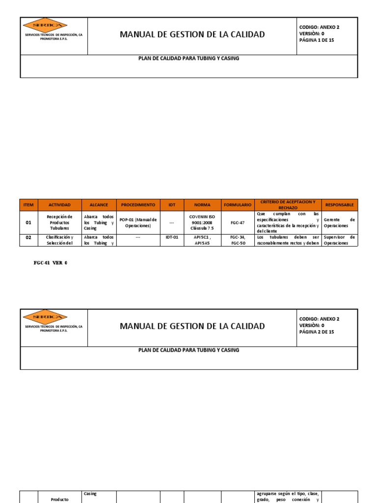 Plan Tubing y Casing | PDF | Gestión de la calidad