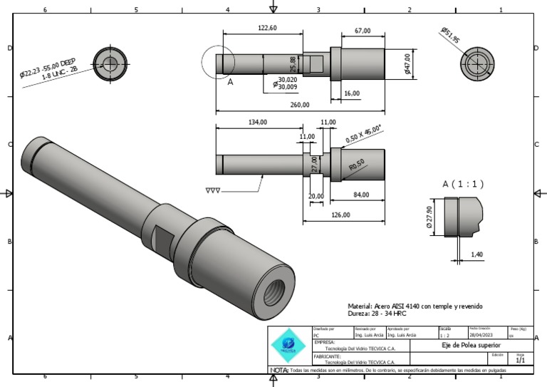 Diseño de un eje de polea superior con dimensiones y especificaciones ...