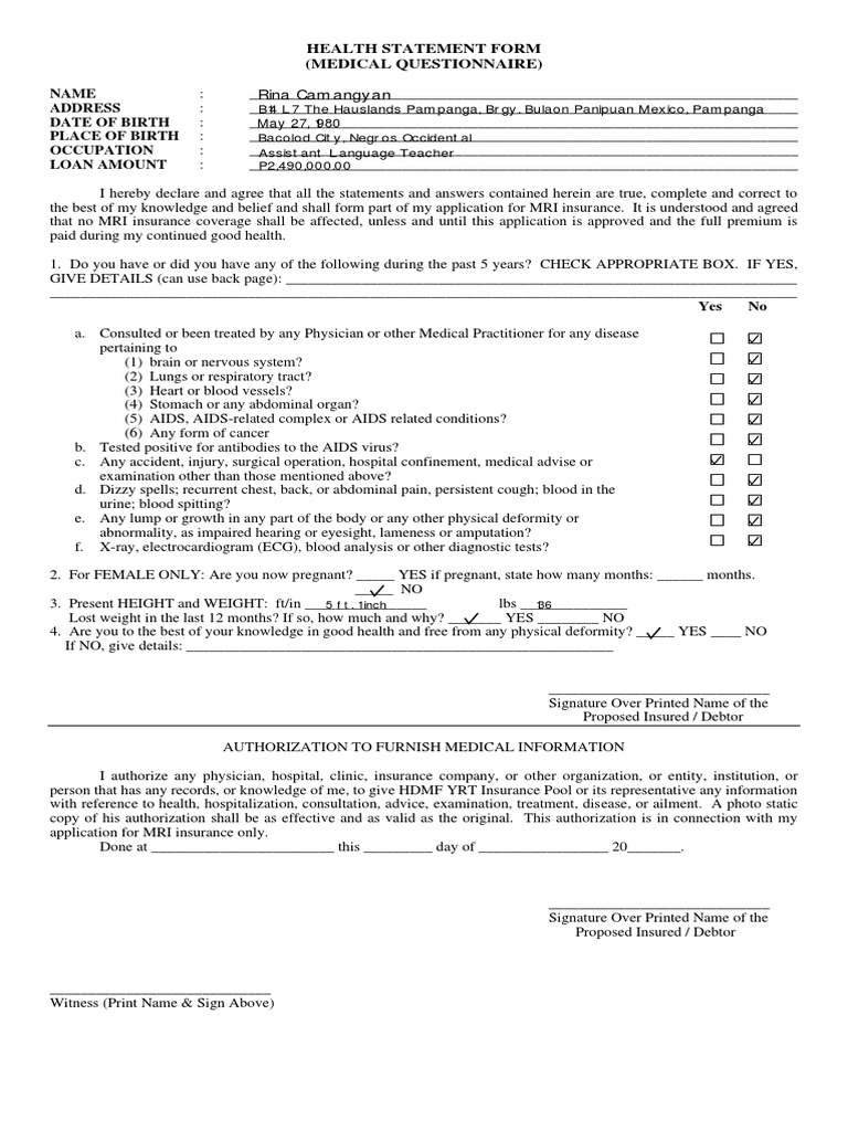 Health Statement Form | PDF | Hiv/Aids | Physical Examination