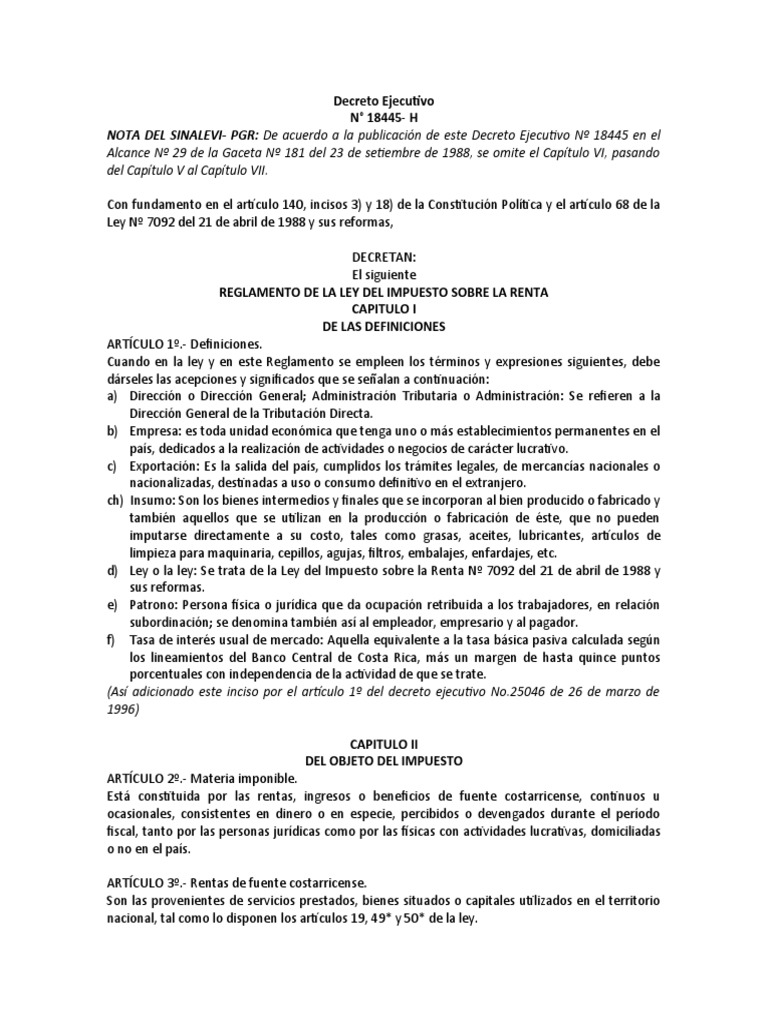1988 - Decreto 18455-H Reglamento Ley 7092 Impuesto Renta | PDF