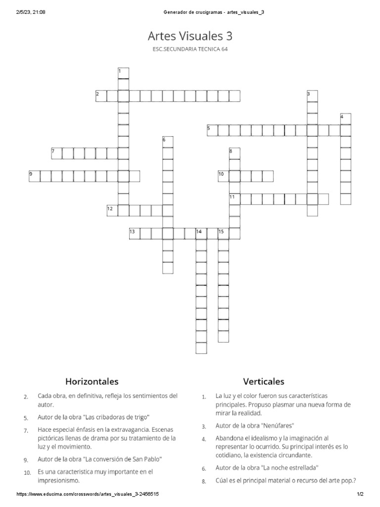 Crucigrama - Artes - Visuales - 3 | PDF