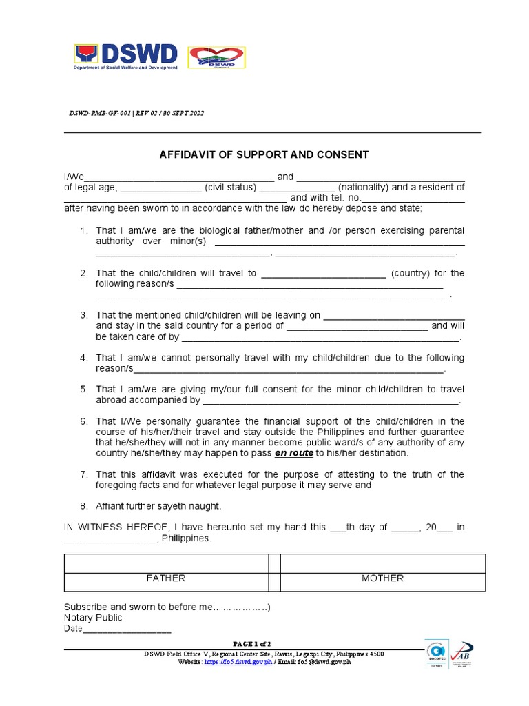DSWD-PMB-GF-001 - REV 02 - Affidavit of Support and Consent | PDF