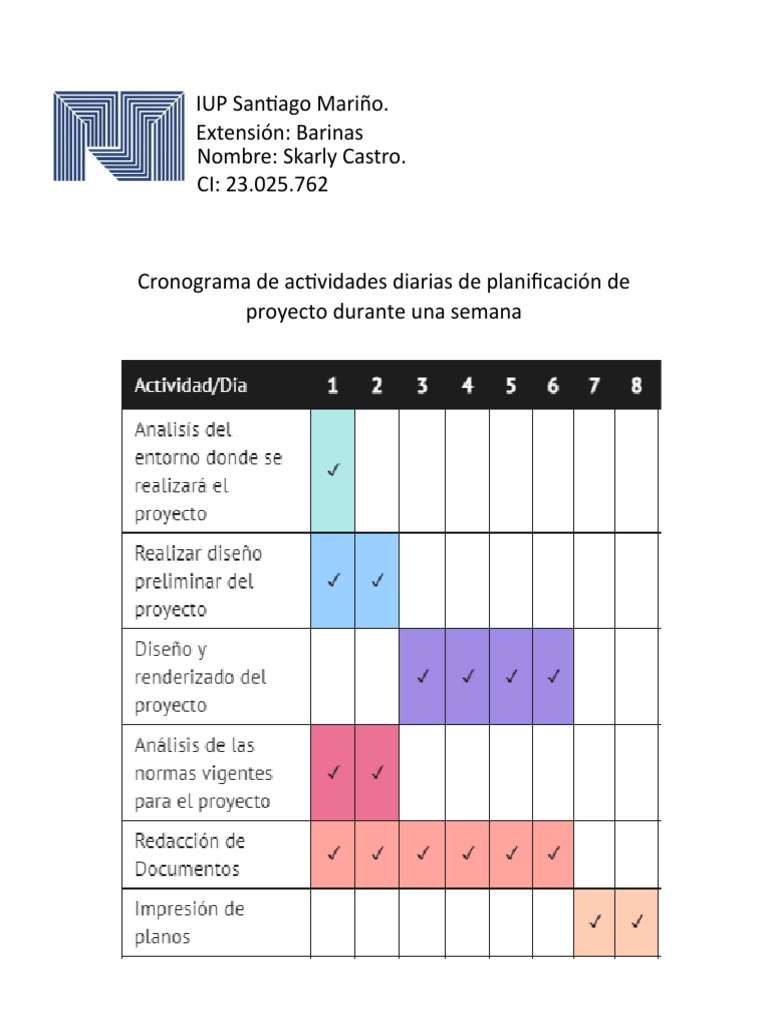 Cronograma de Actividades Diarias de Planificación de Proyecto Durante ...