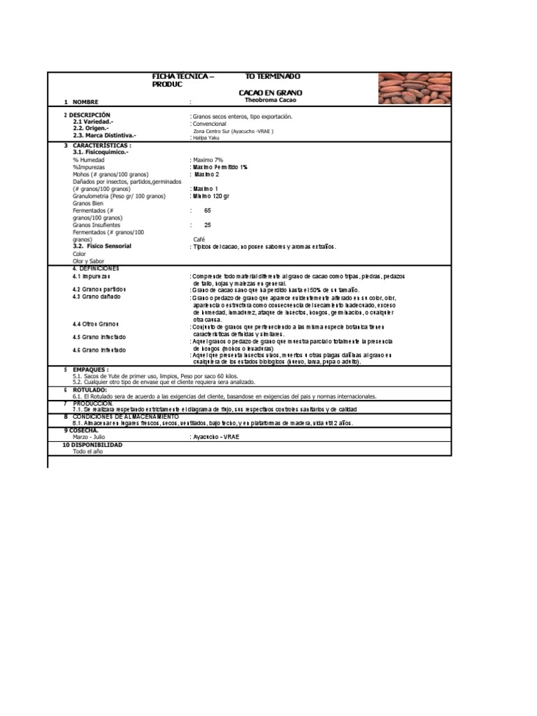 Ficha Tecnica Cacao Grano | PDF | Agricultura Ficha Tecnica Cacao Grano | PDF | Agricultura