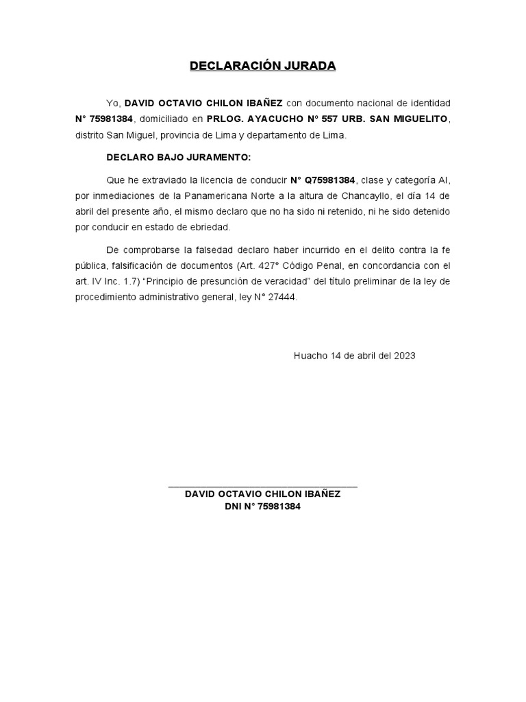 DECLARACIÓN JURADA PERDIDA DE DOCUMENTOS Licencia | PDF