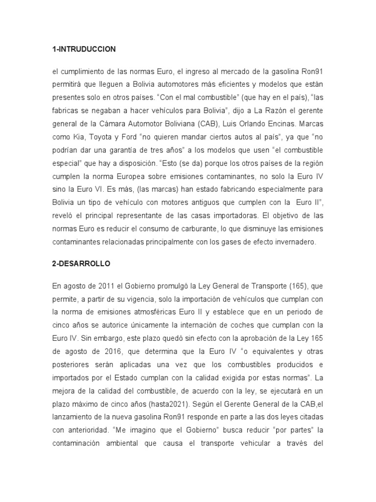 Gasolina Ron91 y Normas Euro en Bolivia | PDF | Gasolina | Coche
