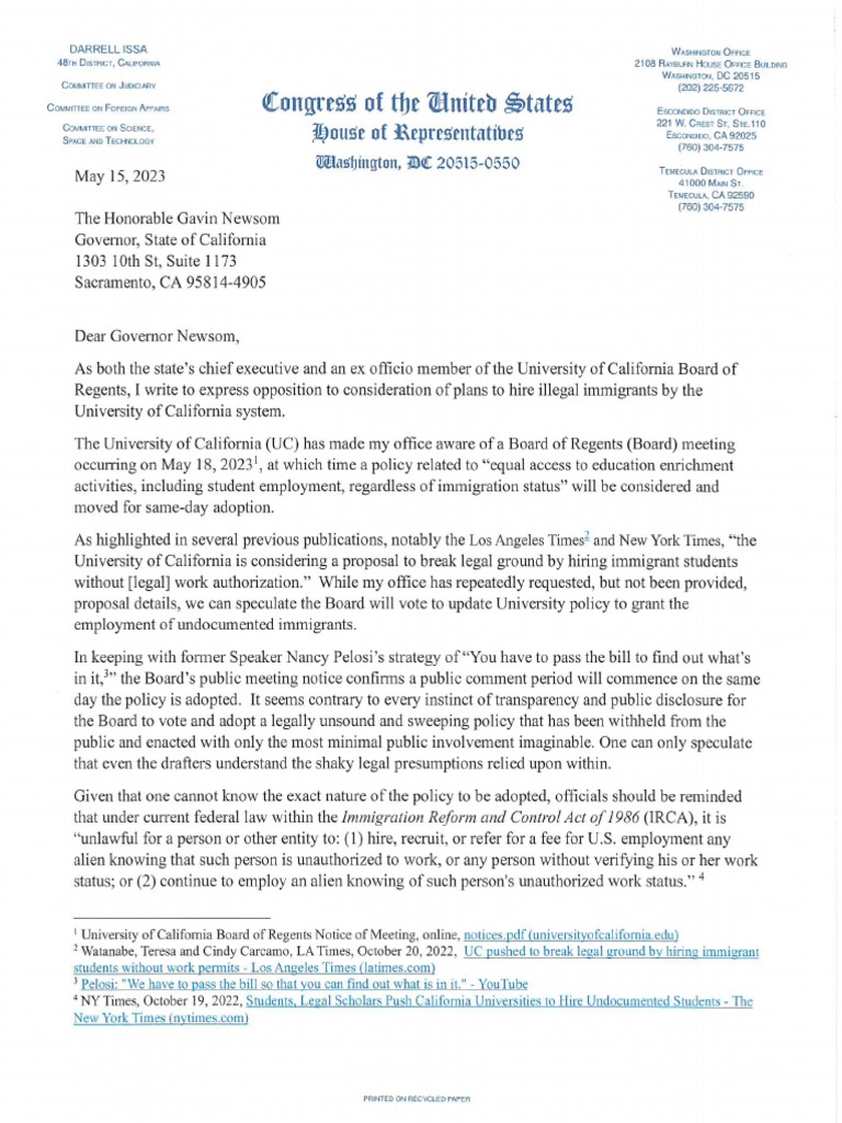 Issa Letter On University of California Vote | PDF