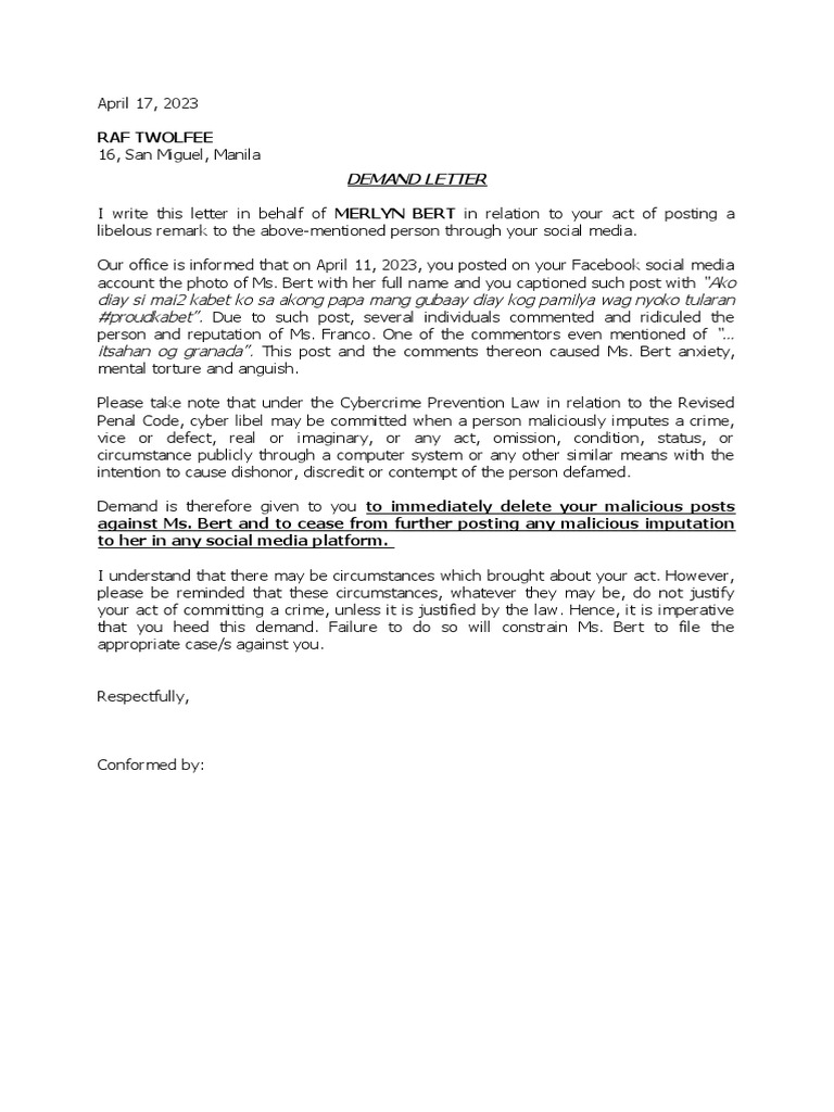 Demand Letter - Cyberlibel | PDF