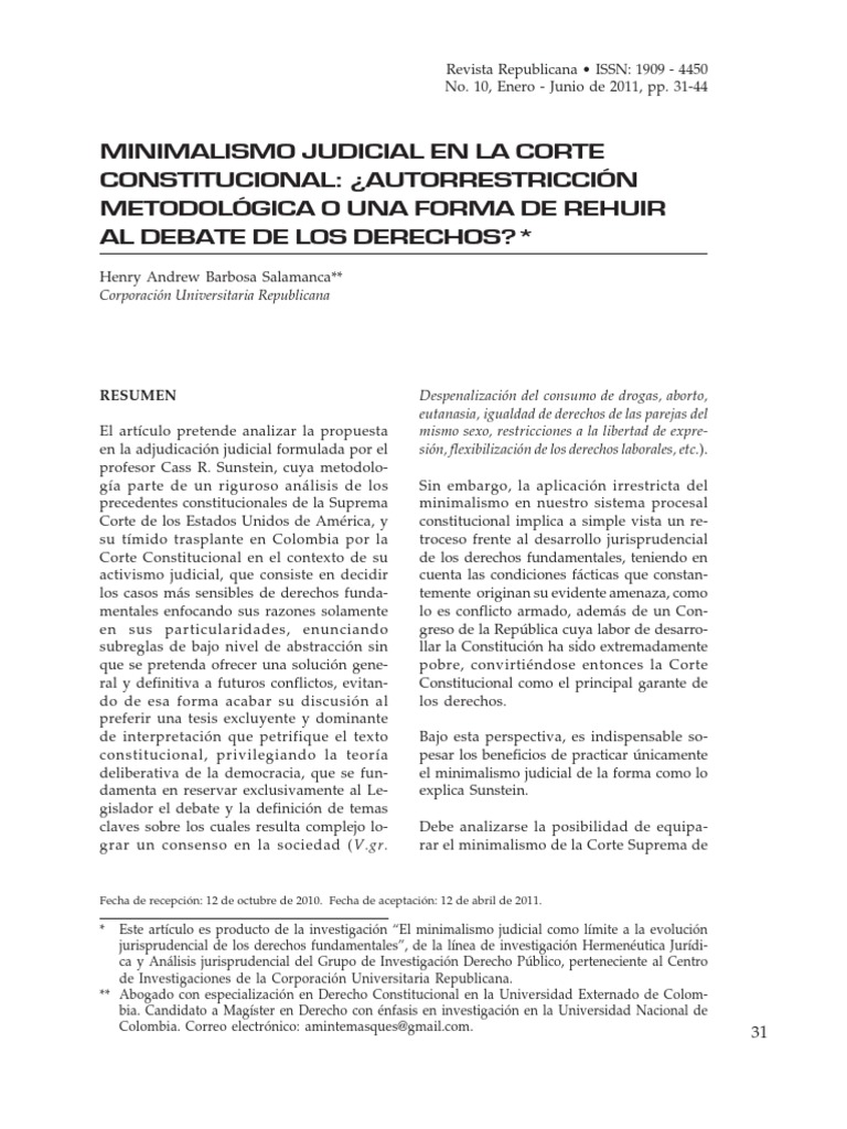 Minimalismo Judicial en La Corte Constitucional: ¿Autorrestricción ...