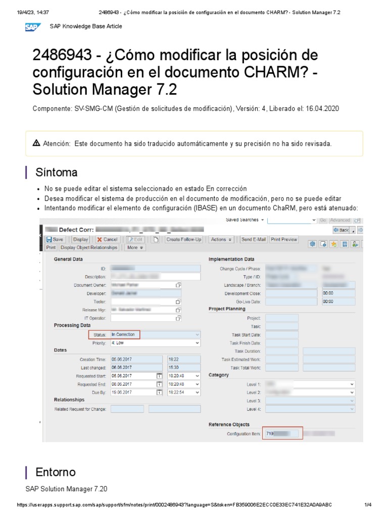 ¿Cómo Modificar La Posición de Configuración en El Documento CHARM - Solution Manager 7.2 | PDF