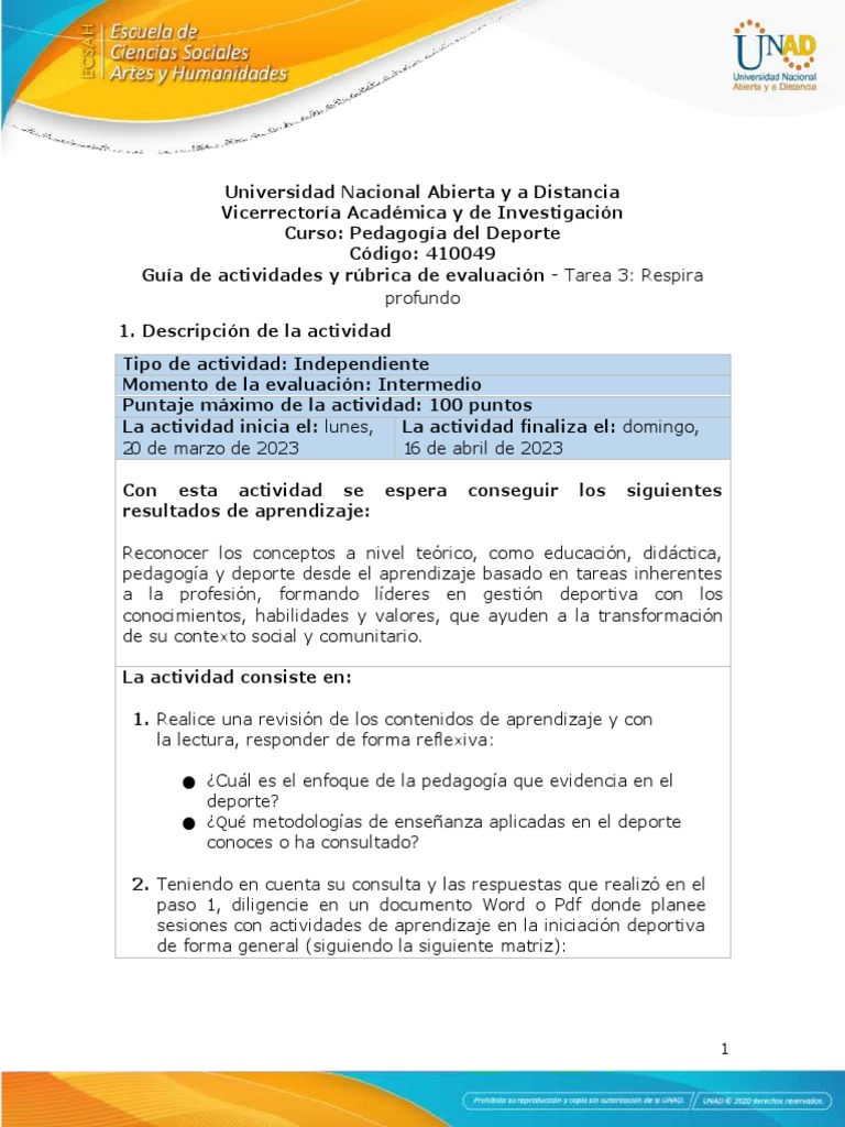 Guía de Actividades y Rúbrica de Evaluación - Unidad 2 - Tarea 3 - Respira Profundo | PDF ...