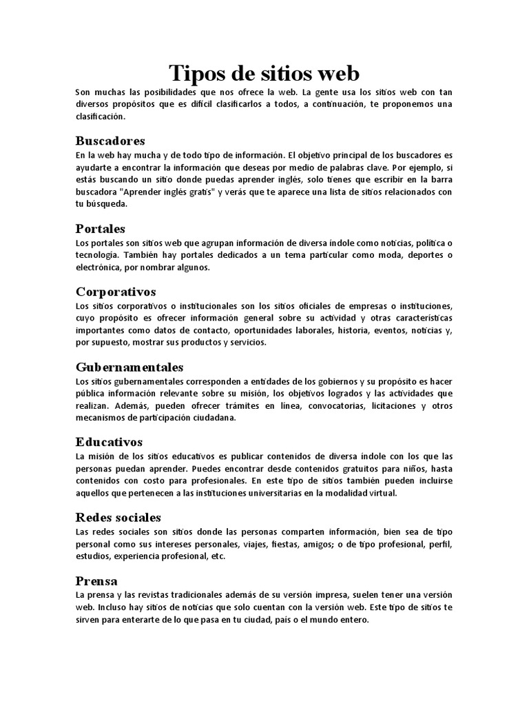 Tipos De Sitios Web Pdf 