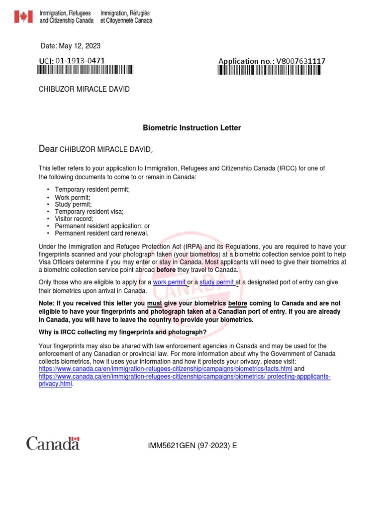 Chibuzor Miracle Davids Biometrics Instruction Letter | PDF ...