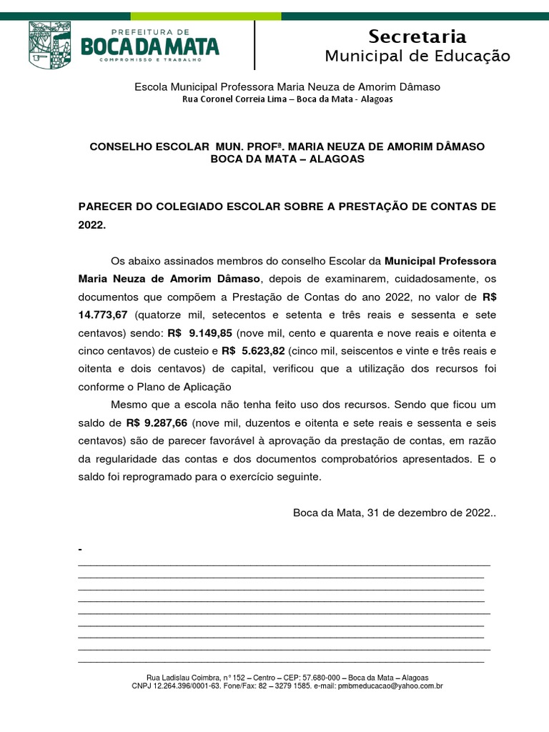 Prestação de Contas - MARIA NEUZA 2022 | PDF