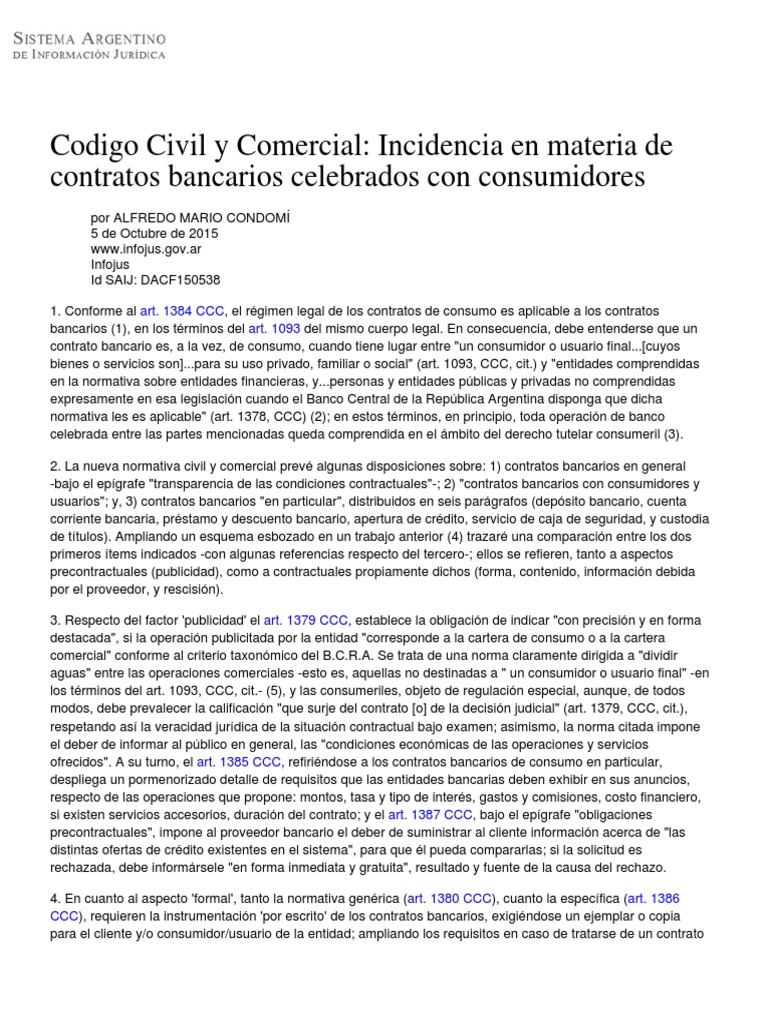 Codigo Civil y Comercial - Incidencia en Materia de Contratos Bancarios ...
