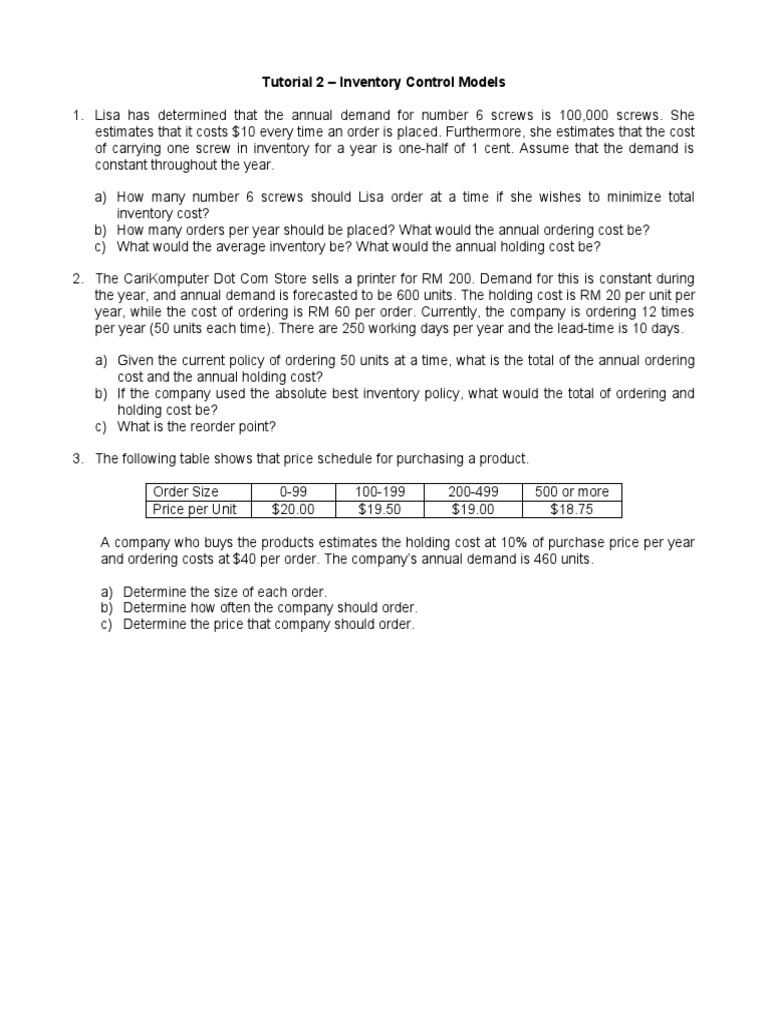 Tutorial 2 Inventory Control Models Pdf