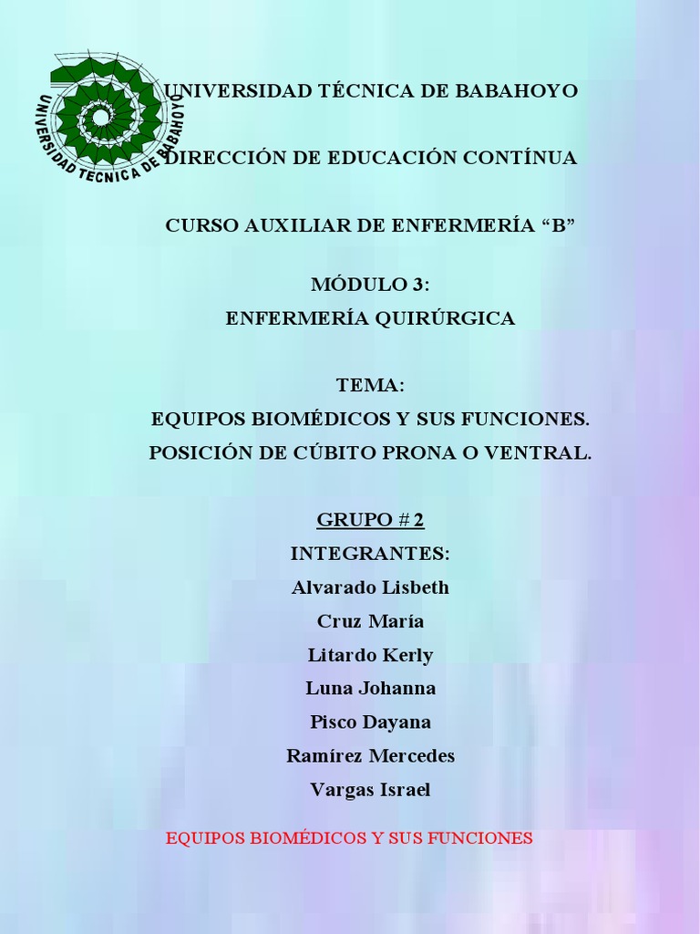 Equipos Biomédicos y Sus Funciones. Posición Decubito, Prona o Ventral ...