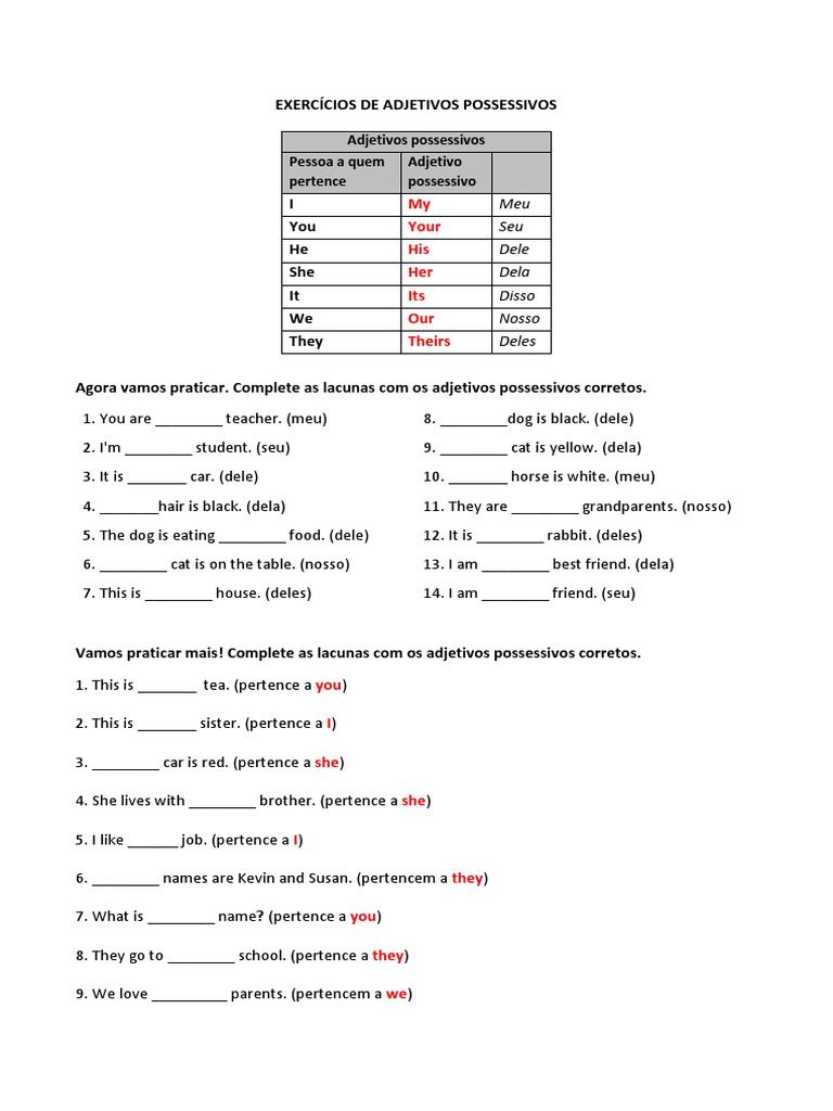 Exercícios de Adjetivos Possessivos - 2 | PDF