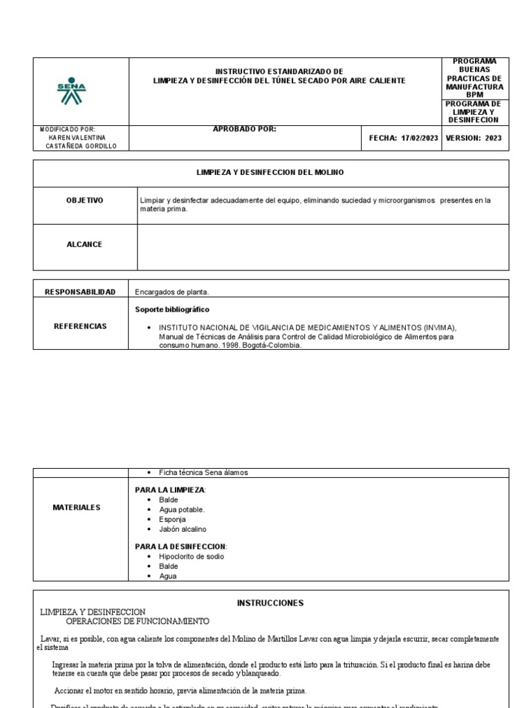 Instructivo Estandarizado de Molino | PDF