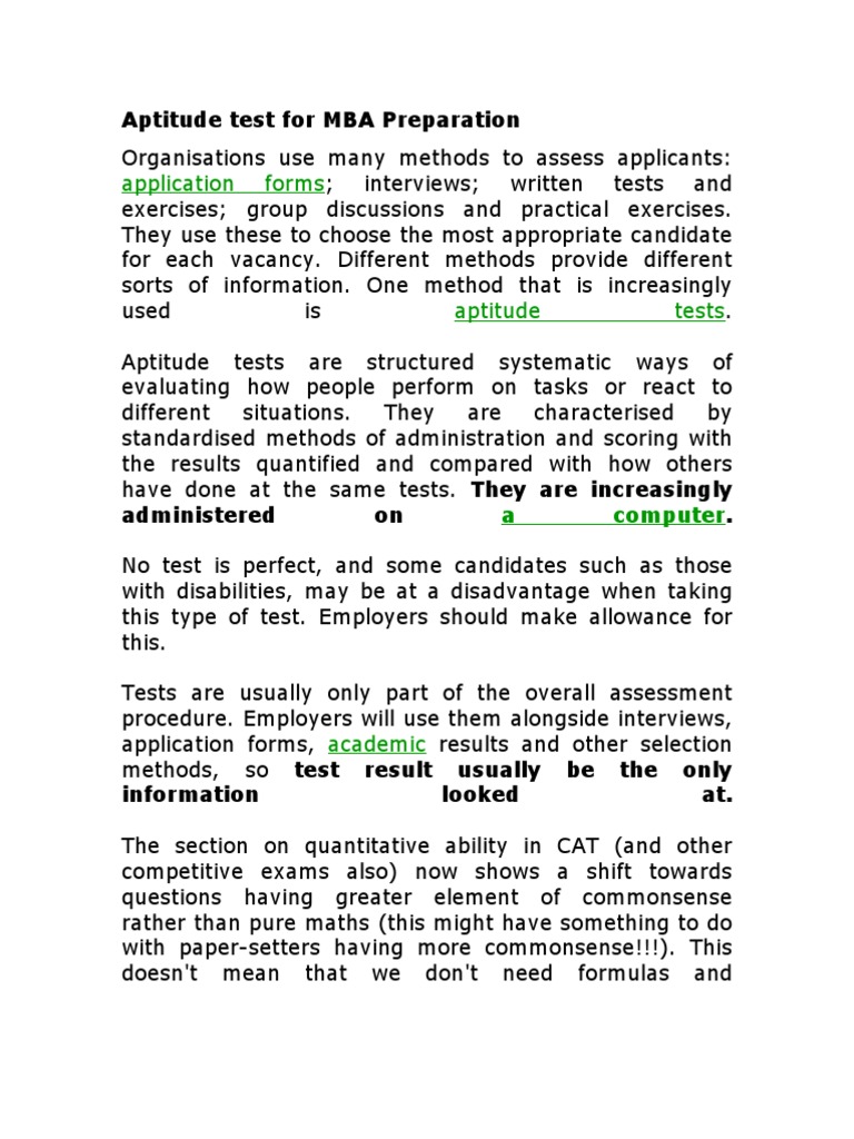 Aptitude Test For MBA Preparation | PDF | Test (Assessment ...