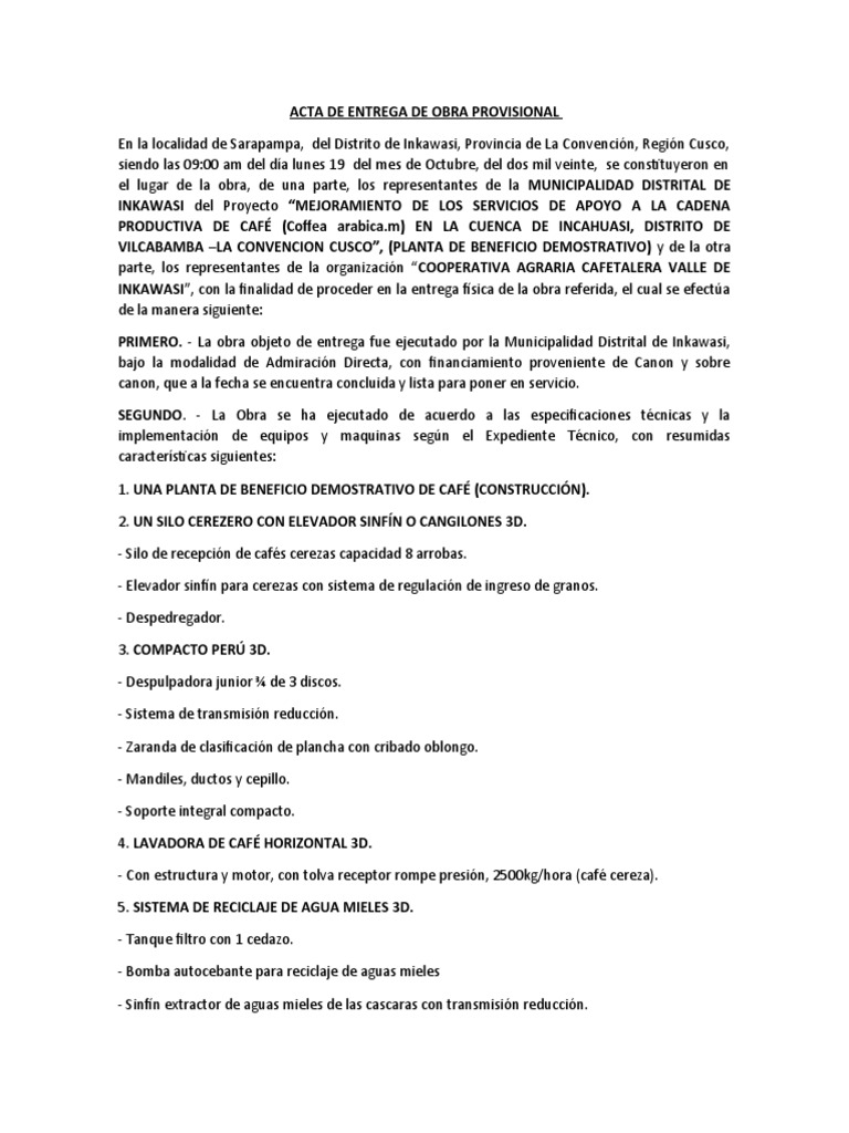 ACTA DE ENTREGA DE OBRA PROVISIONAL DEL MODULO | PDF | café