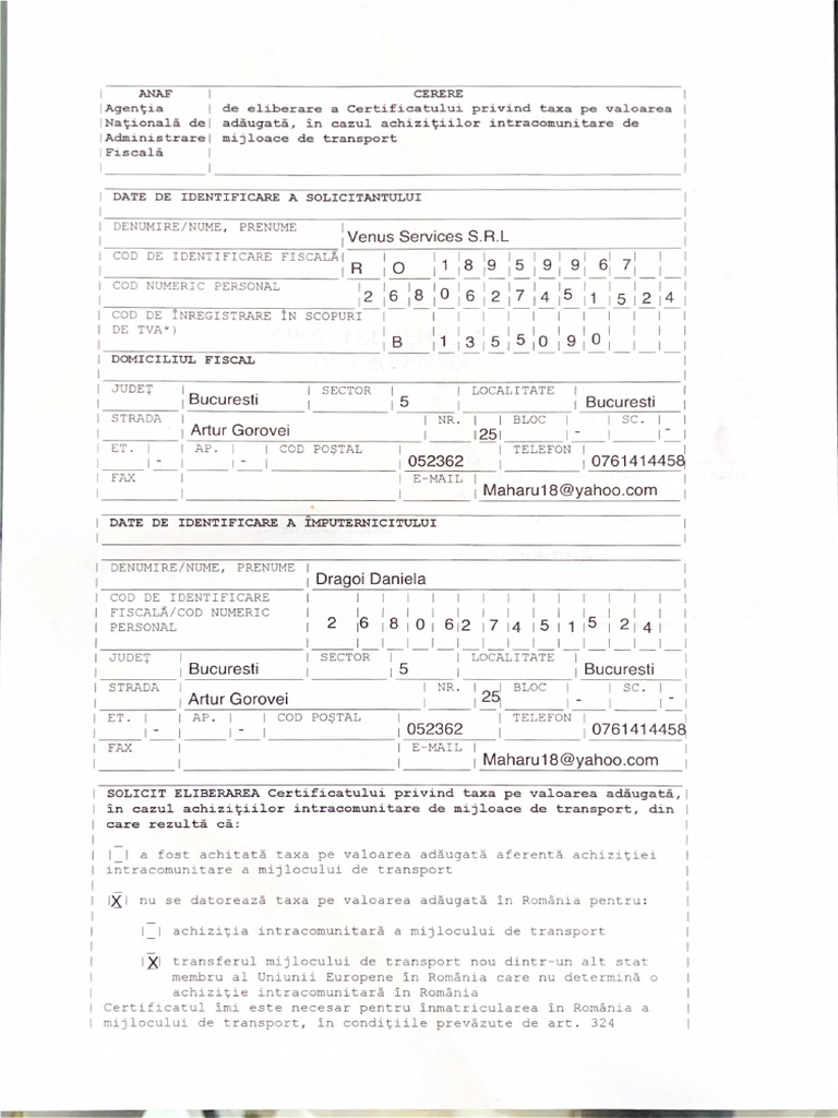 Cerere Eliberare Certificat Taxa Pe Valoare | PDF