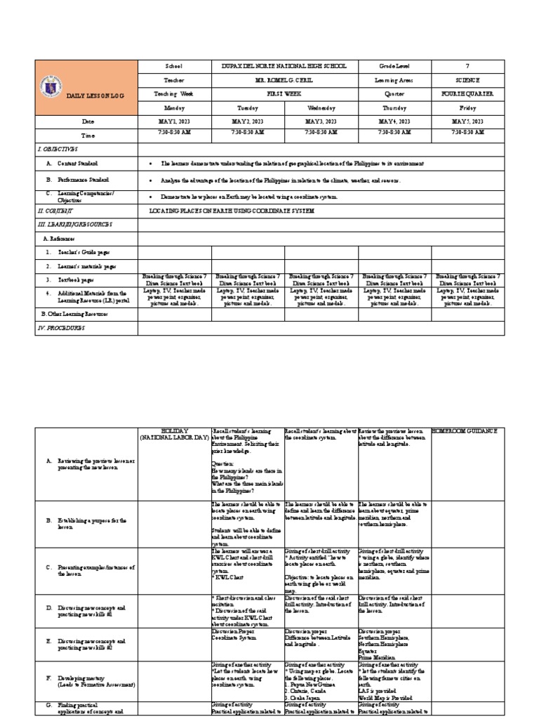 DLL Science 7 First Week | PDF | Latitude | Longitude