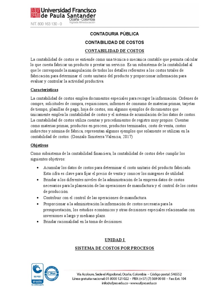 Unidad I Sistema de Costos Por Procesos. | PDF