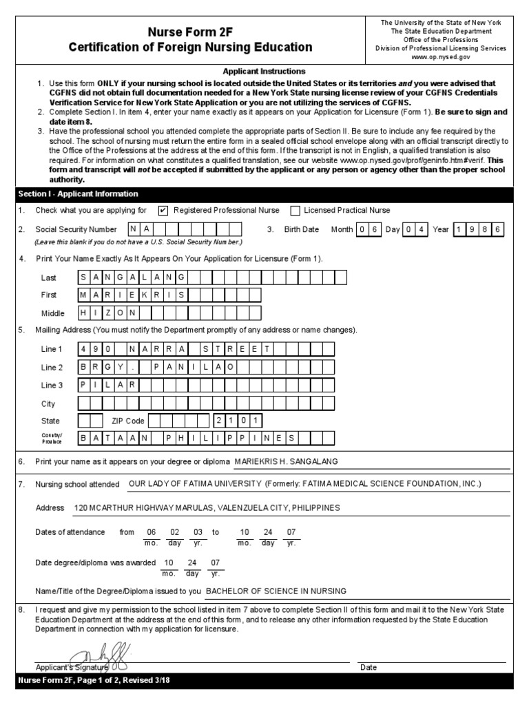 Nurse Form 2F Instructions for NY Licensure | PDF