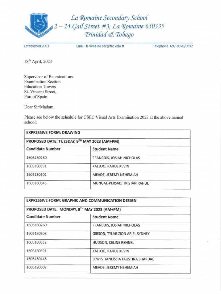Schedule For CSEC Visual Arts Examination 2023 | PDF
