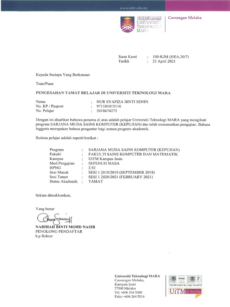 NurSyafiza-Surat Pengesahan Tamat Belajar | PDF