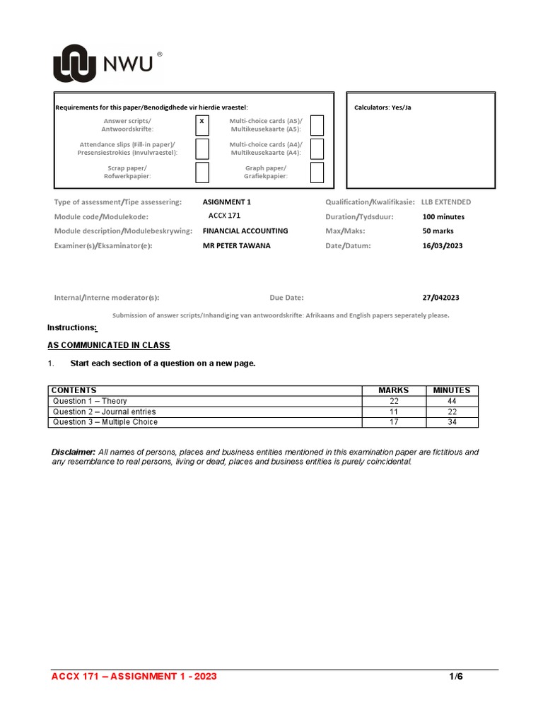 2023 ACCX 171 Assignment 1 | PDF | Debits And Credits | Money